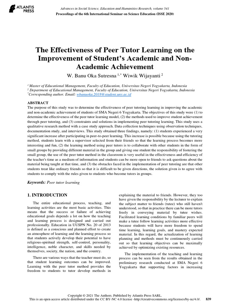 The Effectiveness of Peer Tutor Learning On The Improvement of Student's Academic and Non ...