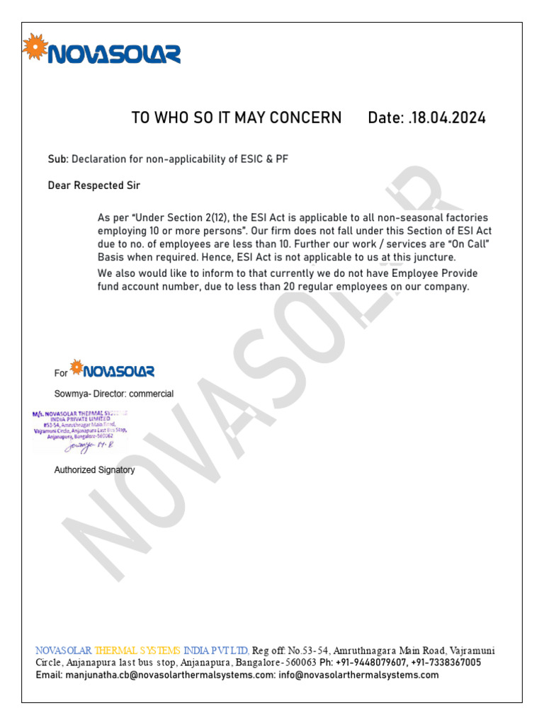 Esi & PF Declaration Letter | PDF