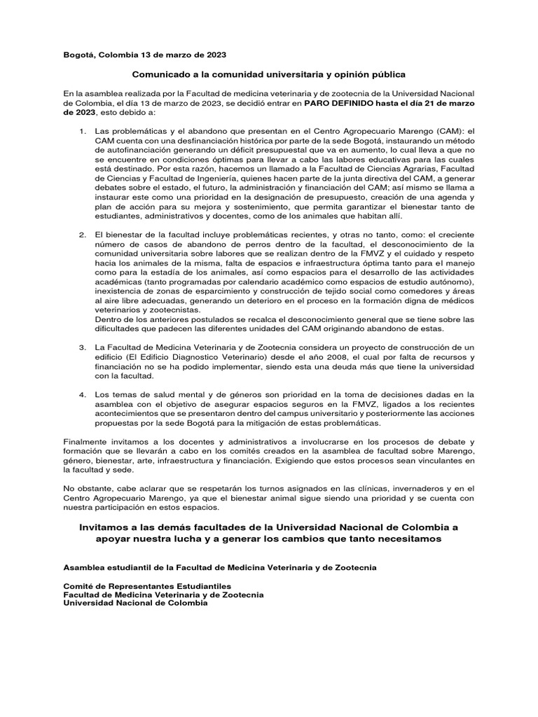 Paro en Veterinaria UNAL por Crisis CAM | PDF | Medicina Veterinaria ...