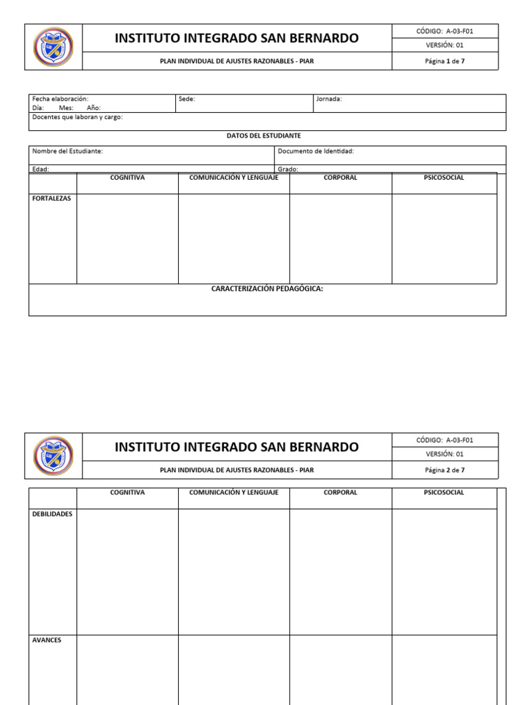 Formato Modelo Piar Actualizado | PDF | Evaluación | Aprendizaje