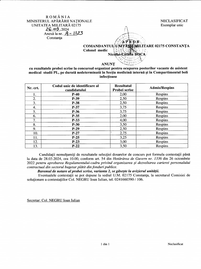 Anunt Rezultate Concurs Asistent Medical Medicina Interna Si Boli Infectioase Martie 2024 | PDF