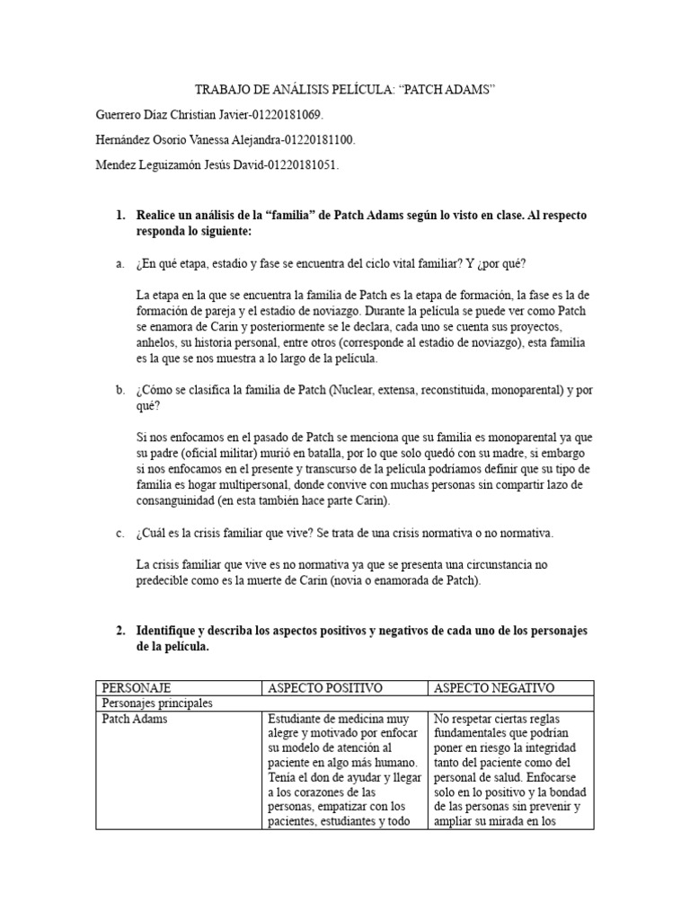 Trabajo de Análisis Película Patch Adams | PDF | Medicina | Adultos
