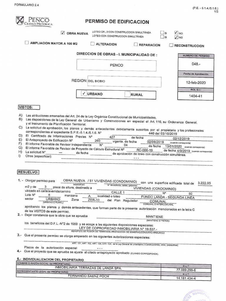 Permiso de Edificación Nº048 Del 120220 Terrazas de Landa | PDF
