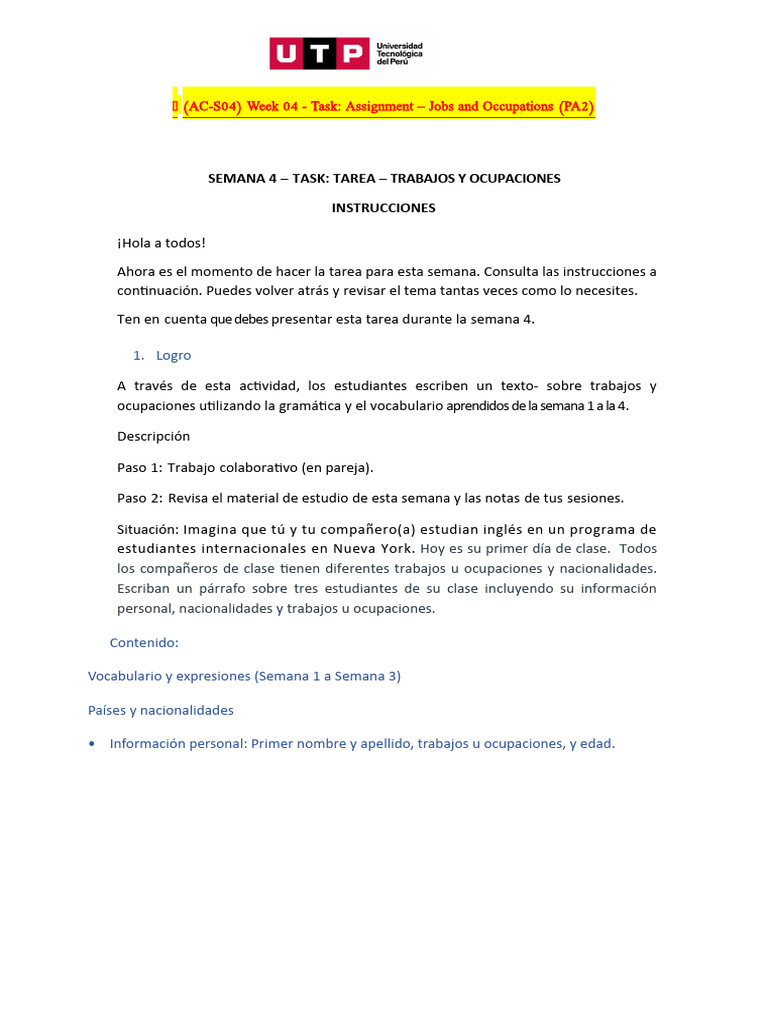 Tarea Semana 4: Trabajos y Ocupaciones | PDF | Lingüística | Gramática