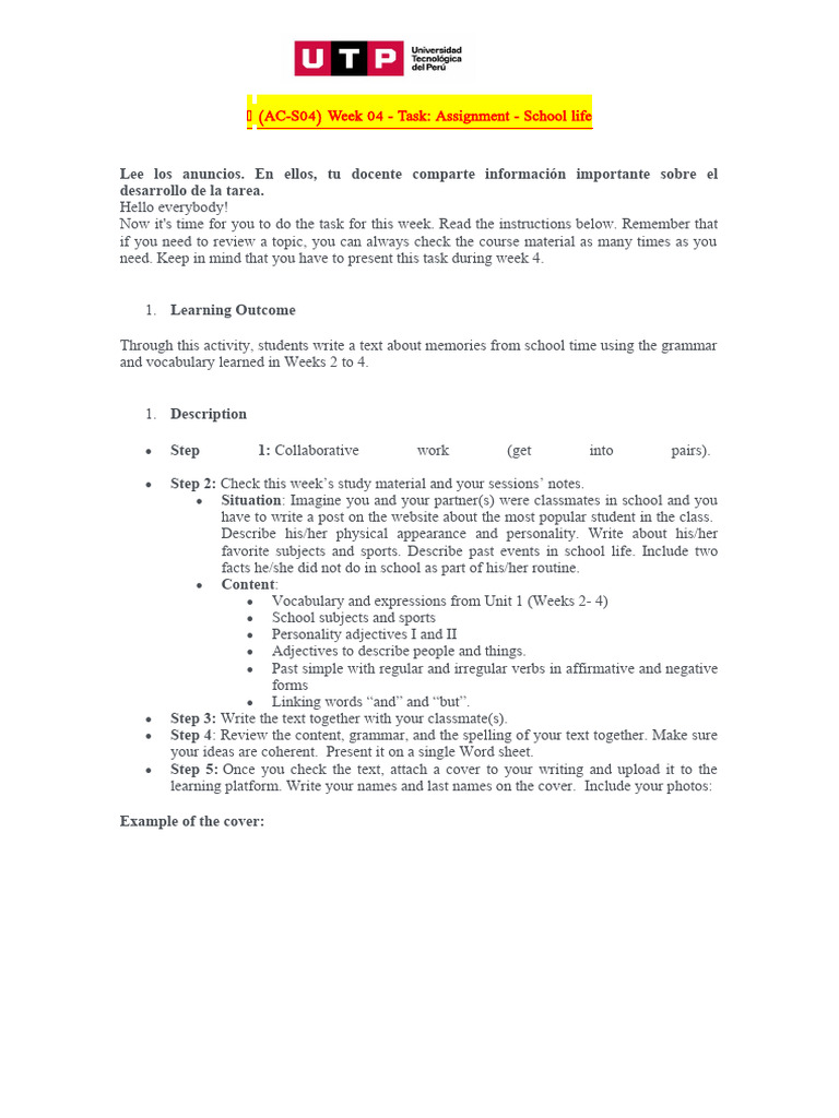 ? (AC-S04) Week 04 - Task Assignment - School Life | PDF | English Language | English Grammar