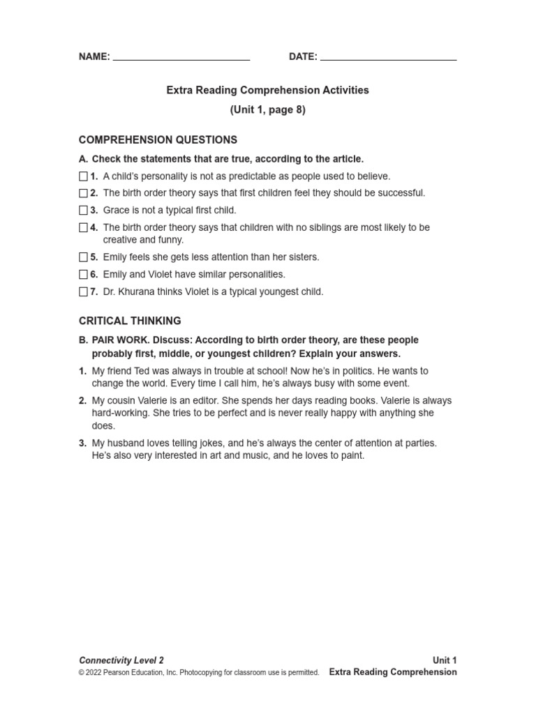 CTY2 Extra Reading Comprehension Unit 1 | PDF