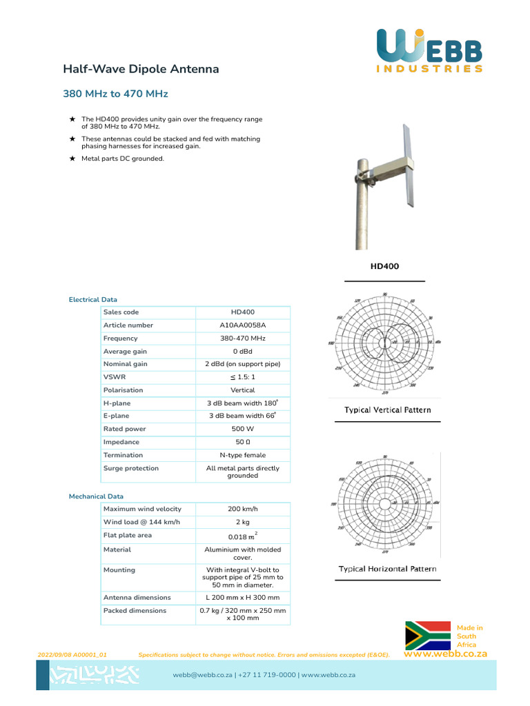 HD400 Half-Wave Dipole Antenna Specs | PDF