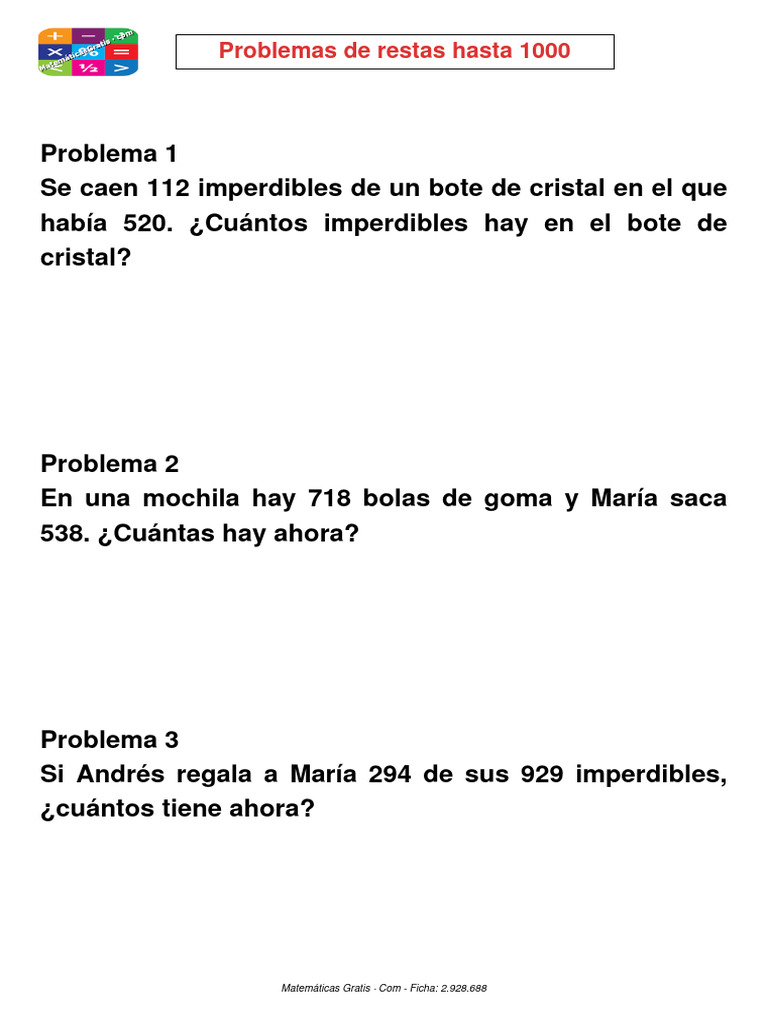 Problemas de restas hasta 1000 | PDF