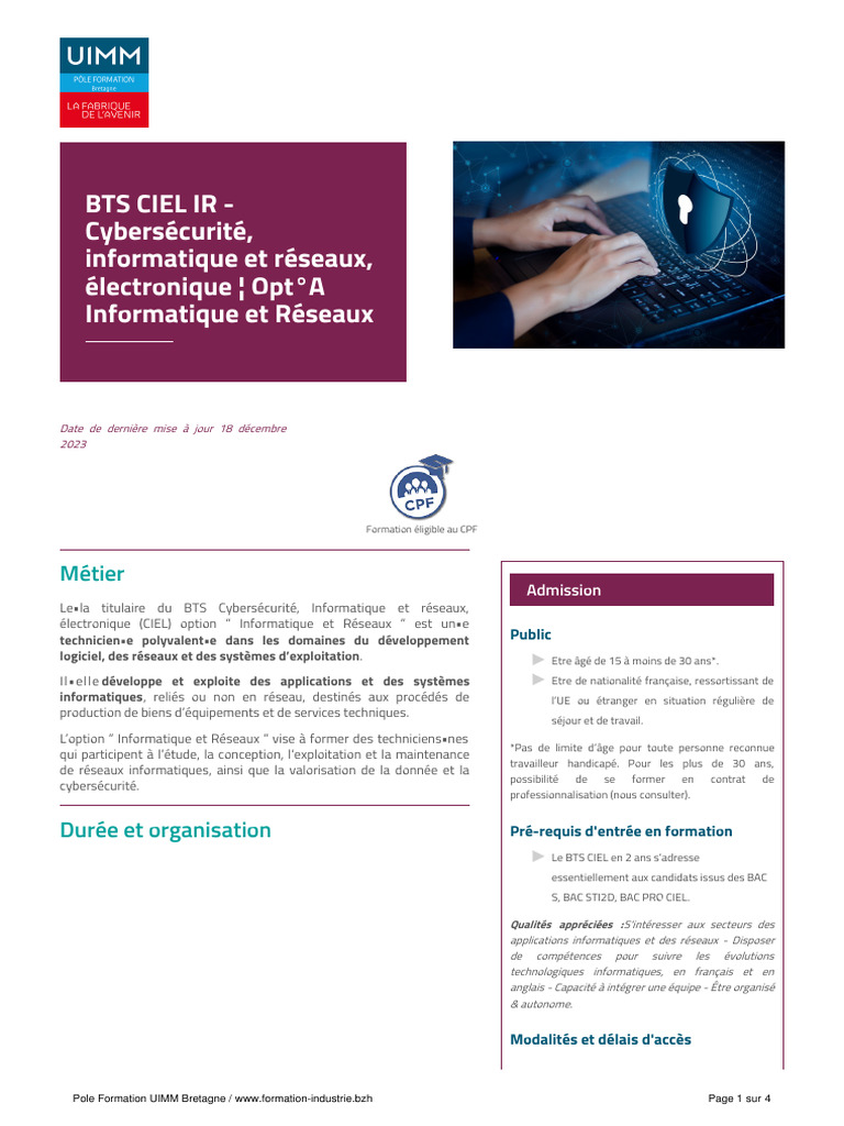 Bts Ciel Ir Cybersecurite Informatique Et Reseaux Electronique Opt A Informatique Et Reseaux ...