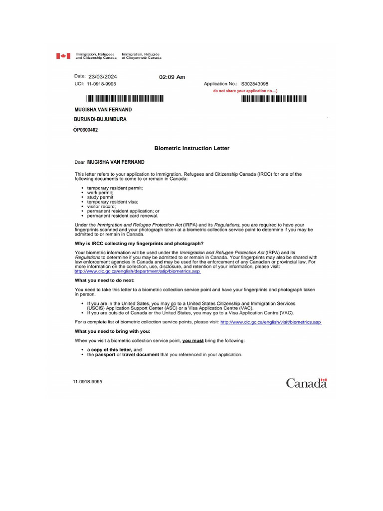 Mugisha Biometric Instruction Letter - 110840 | PDF