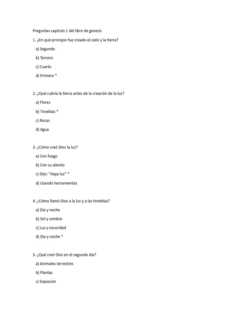 Cuestionario Génesis Capítulo 1 | PDF | Cielo | Tierra