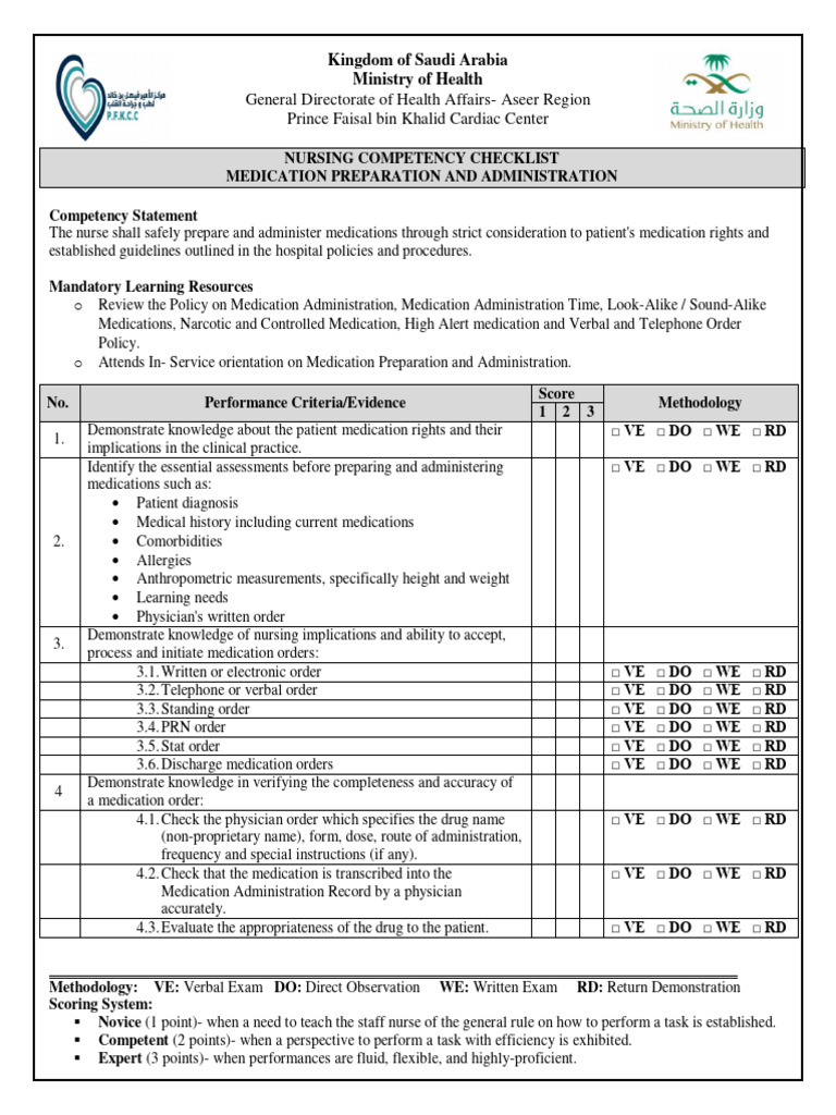 Nursing Competency Checklist: Medication Administration | PDF | Nursing ...