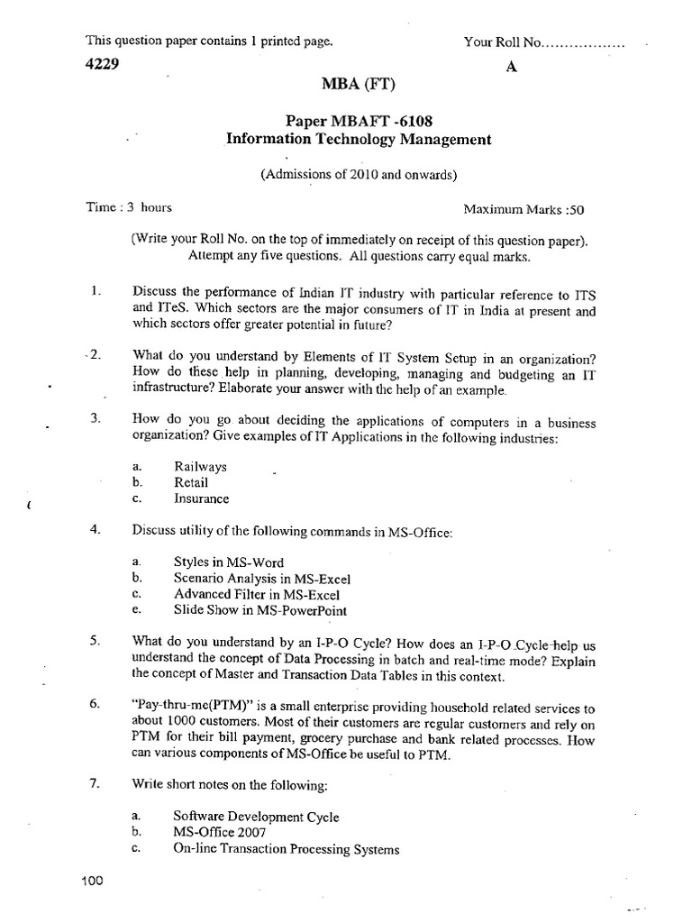 Mba (FT) Paper Mbaft-6108 - Information Technology Management | PDF