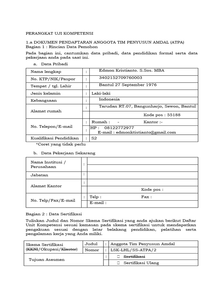 Formulir Pendaftaran Uji Kompetensi LSK LHL ATPA | PDF | Bisnis | Sains & Matematika