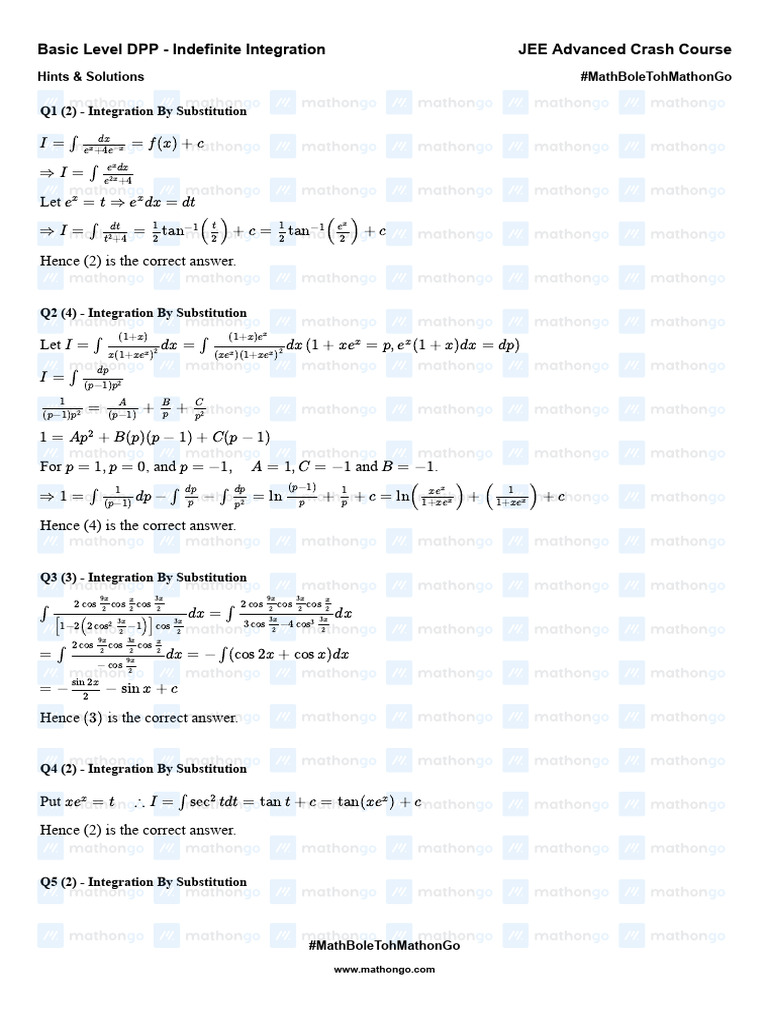 Basic Level DPP Indefinite Integration Solution Mathongo | Download Free PDF | Trigonometric ...