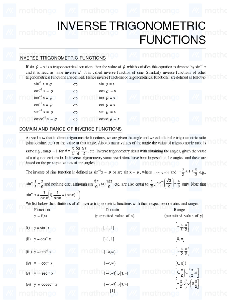 Inverse Trigonometry Function - Formula Sheet - MathonGo | PDF ...