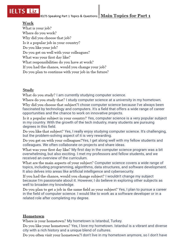 IELTS Speaking Part 1 Topics Questions | PDF | Foods | Pet