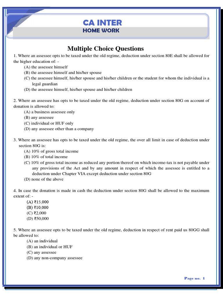 CA Inter Homework: Tax Deductions MCQs | PDF | Tax Deduction | Taxes