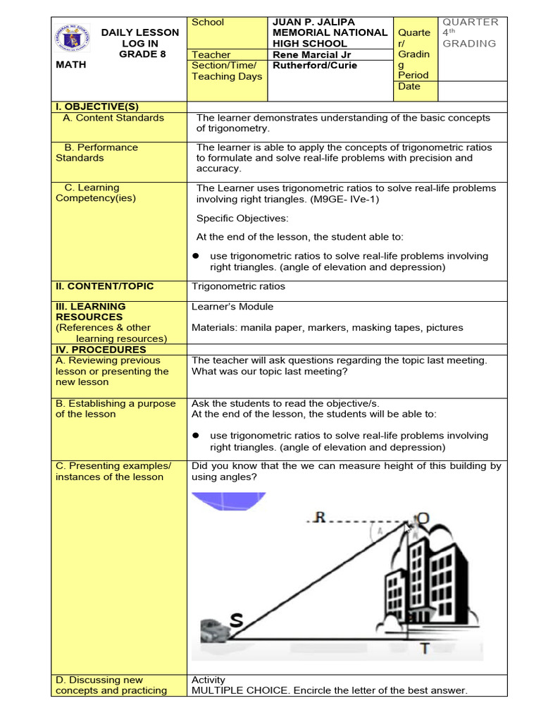 Right-Triangles (ELEVATION AND DEPRESSION) | PDF | Trigonometry | Learning