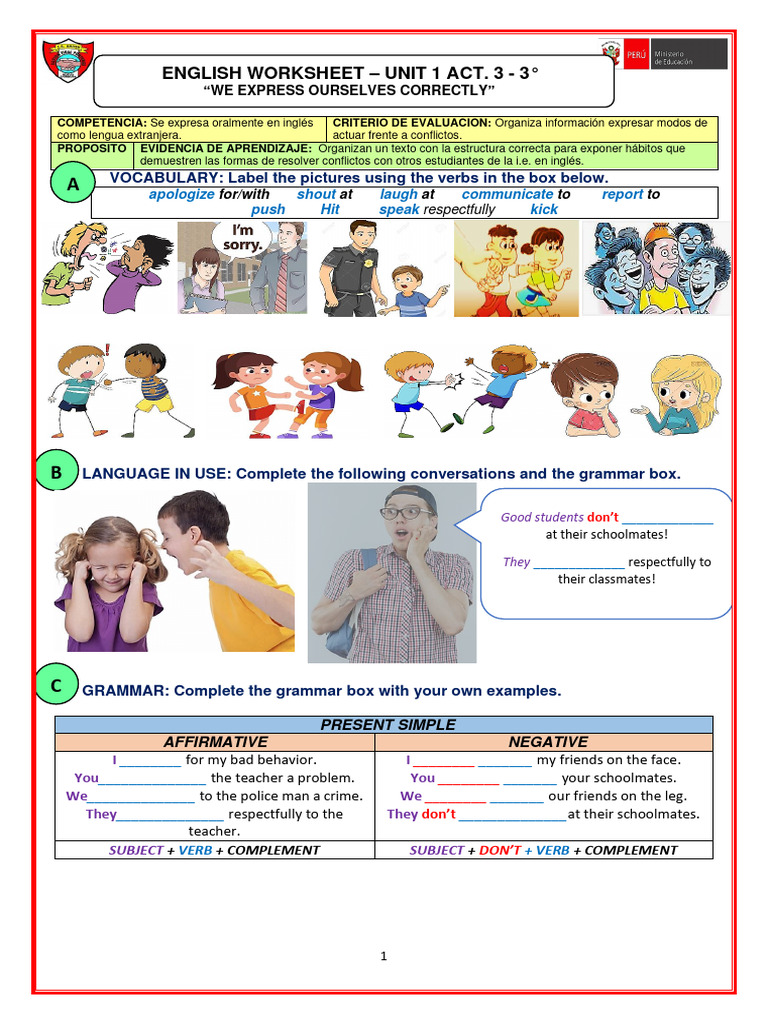 ENGLISH WORKSHEET - 3°-UNIT 1 ACT. 3. | PDF | Linguistics | Linguistic Typology