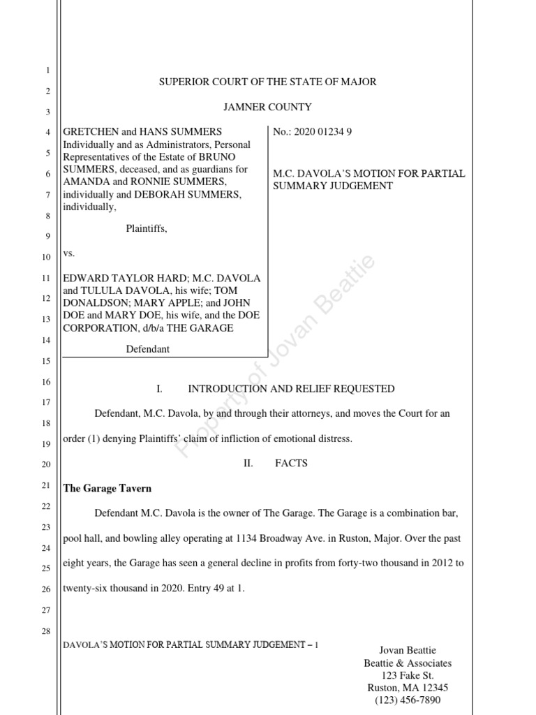 Davola's Motion: Partial Summary Judgment | PDF | Major Depressive Disorder | Psychotherapy