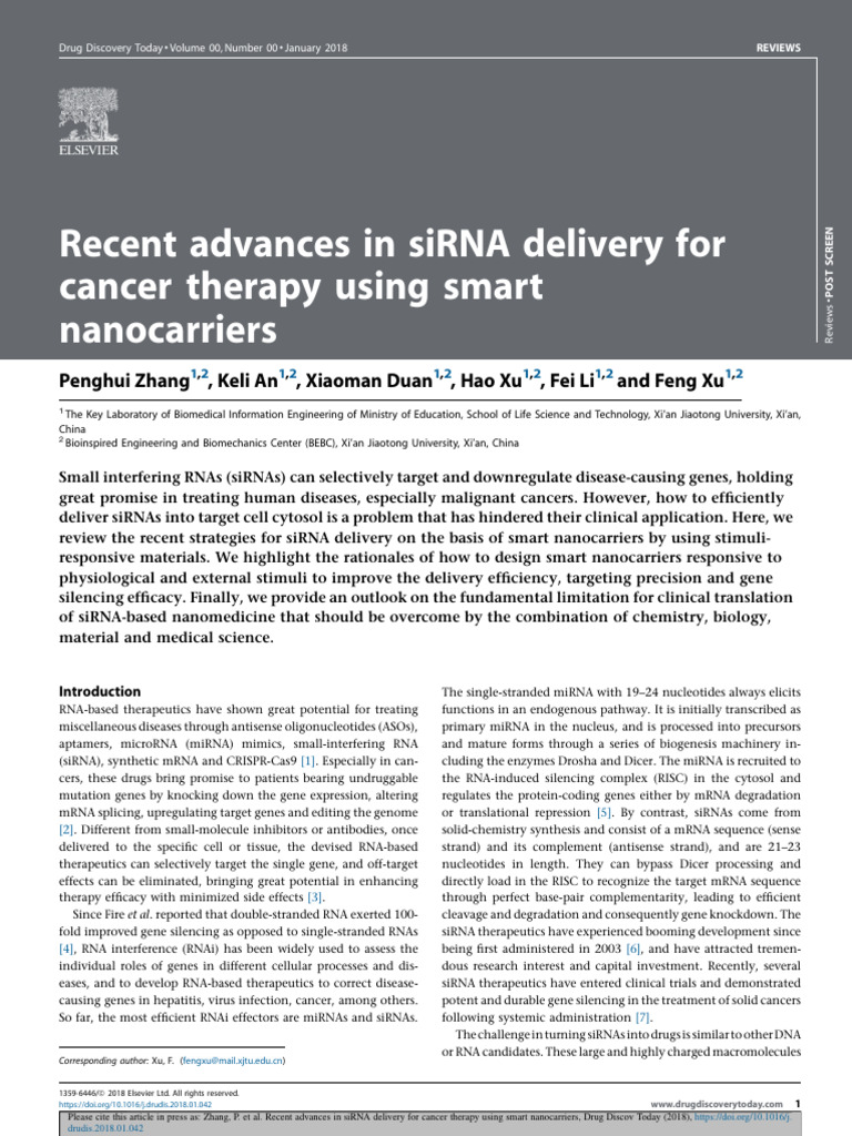 Recent Advances in siRNA Delivery For Cancer Therapy Using Smart Nanocarriers | PDF | Small ...
