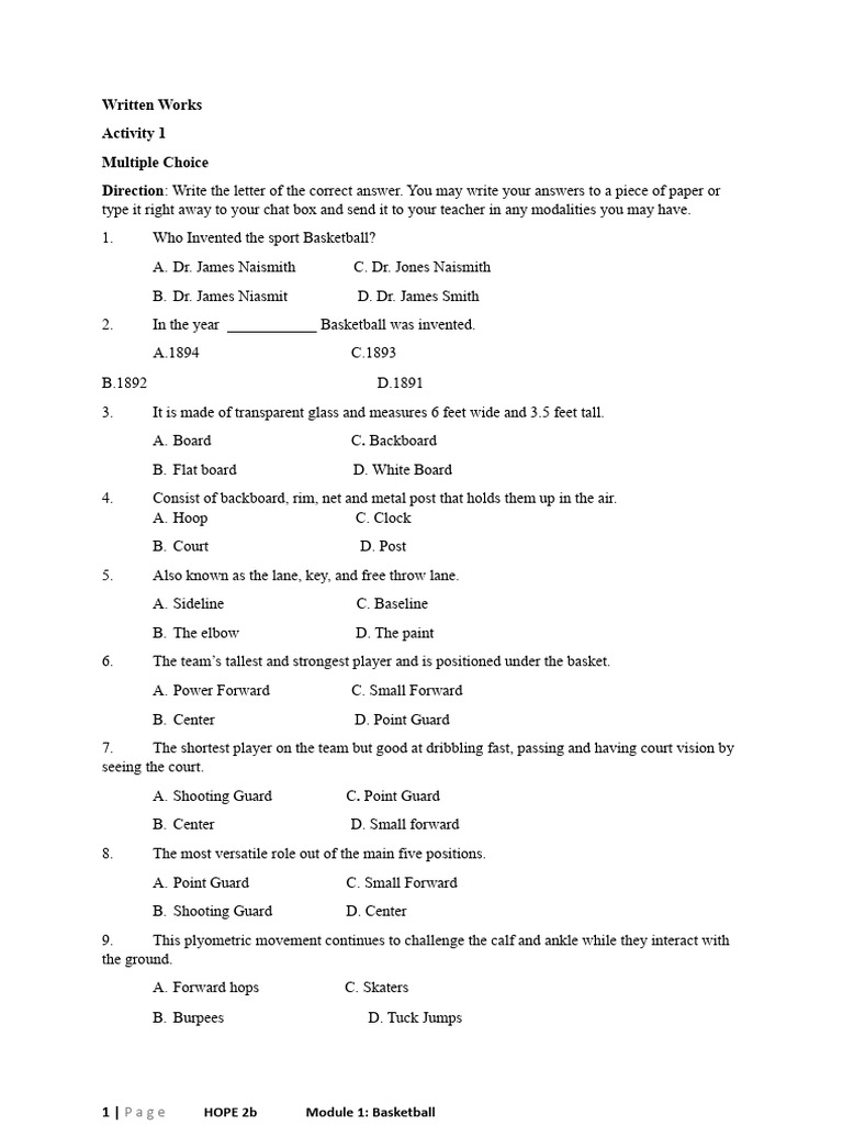 Basketball Quiz Worksheet | PDF | Basketball Positions | Games Of ...