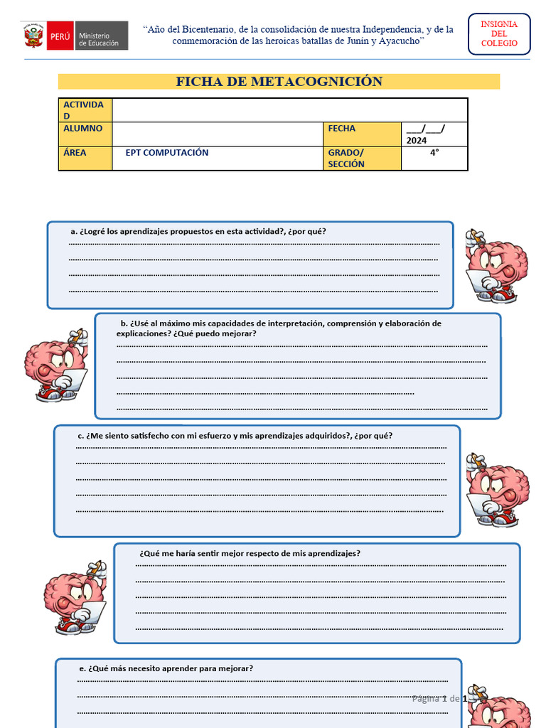 Ept Computación 4° - Ficha de Metacognición | PDF | Aprendizaje | Cognición