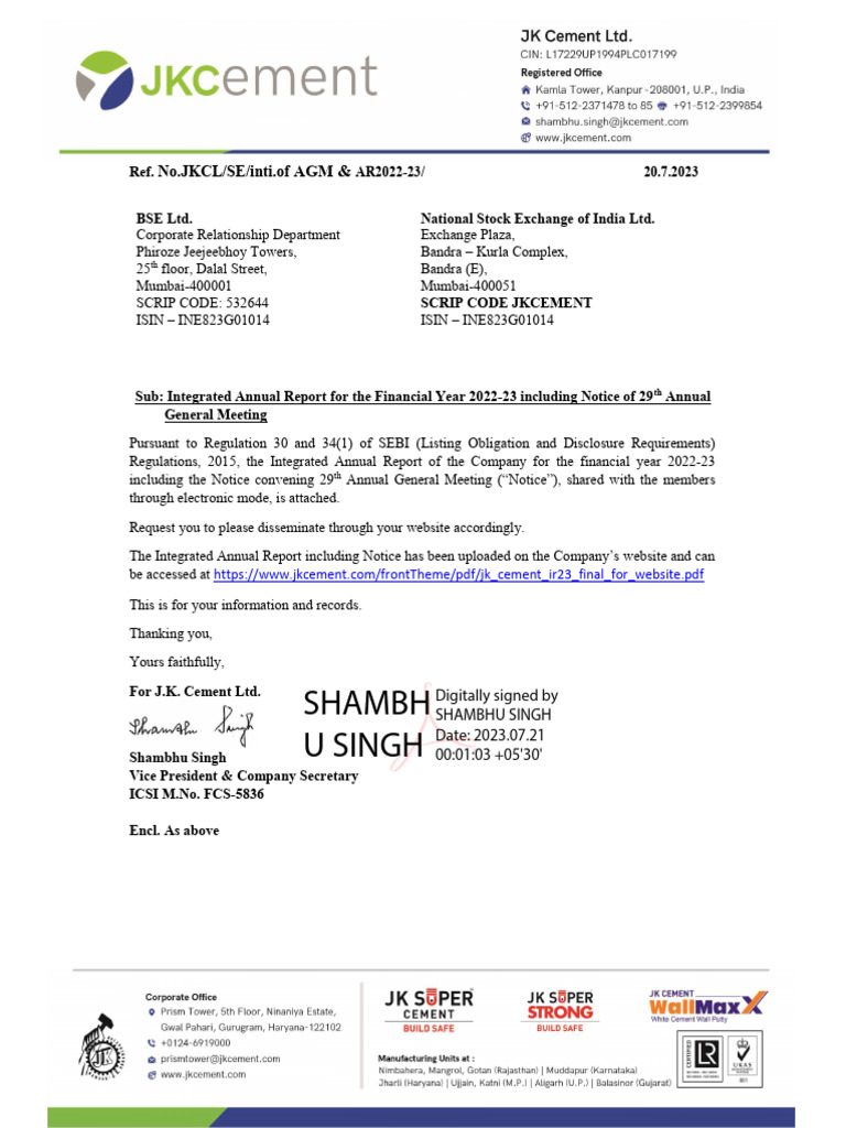 Shambh U Singh: No - JKCL/SE/inti - of | PDF | Sustainability | Cement
