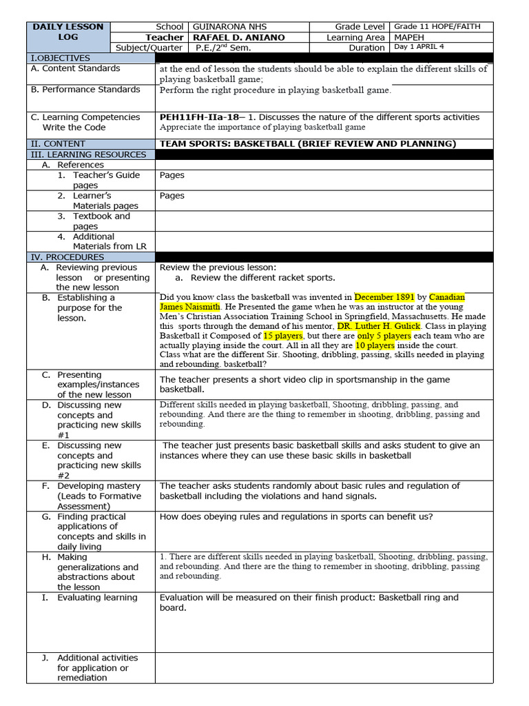 Grade 11 Basketball Lesson Plan | PDF | Learning