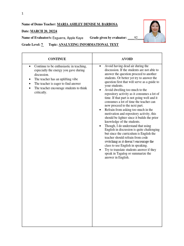 Continue-Avoid Evaluation Form | PDF | Teachers | Learning