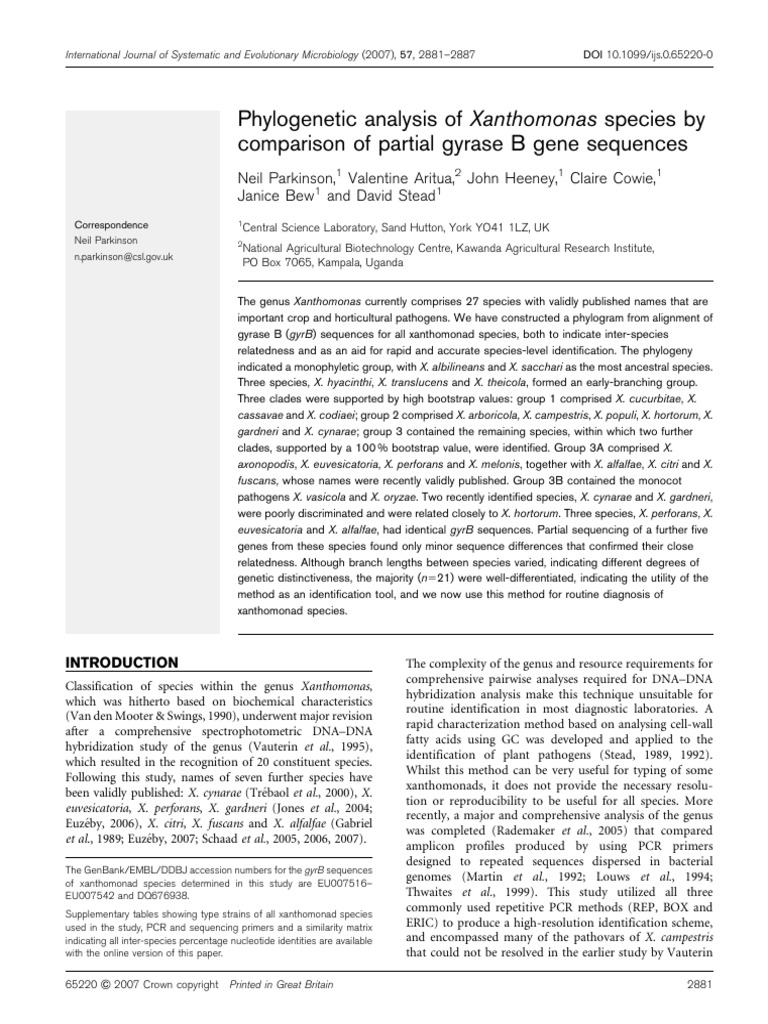 2007 Phylogenetic analysis of Xanthomonas species by comparison of ...