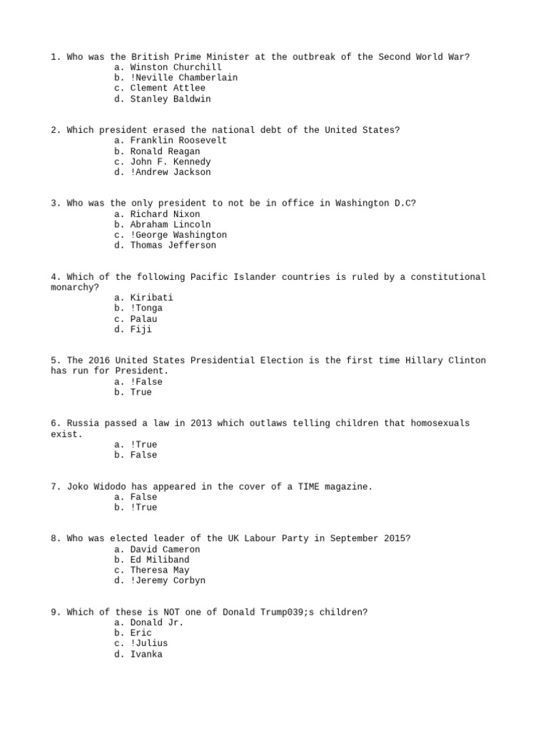 Trivia Questions on History and Anime | PDF | Presidents Of The United ...
