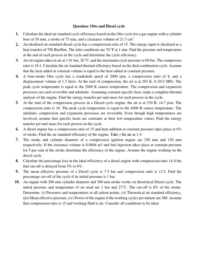 Questions - Otto & Diesel Cycle | PDF | Diesel Engine | Internal ...