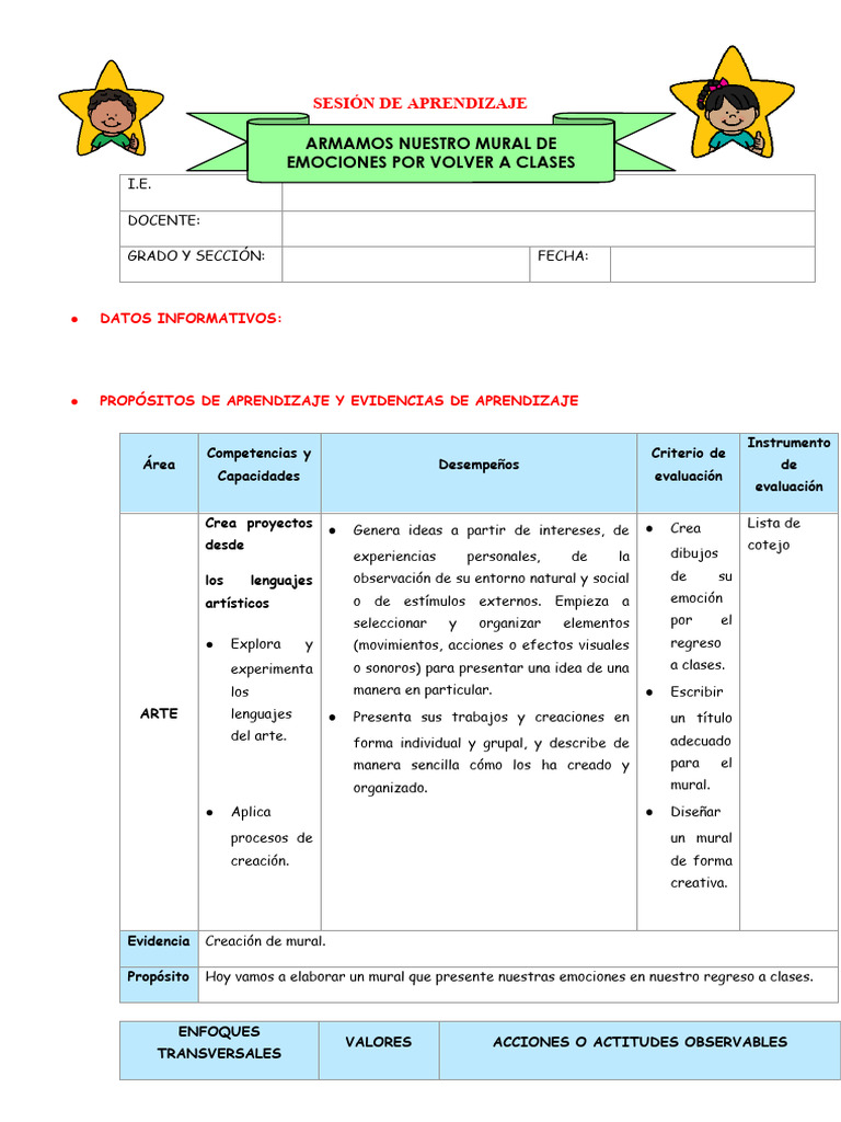 1° E2 S1 Sesion Arte Mural de Emociones | PDF | Aprendizaje | Evaluación