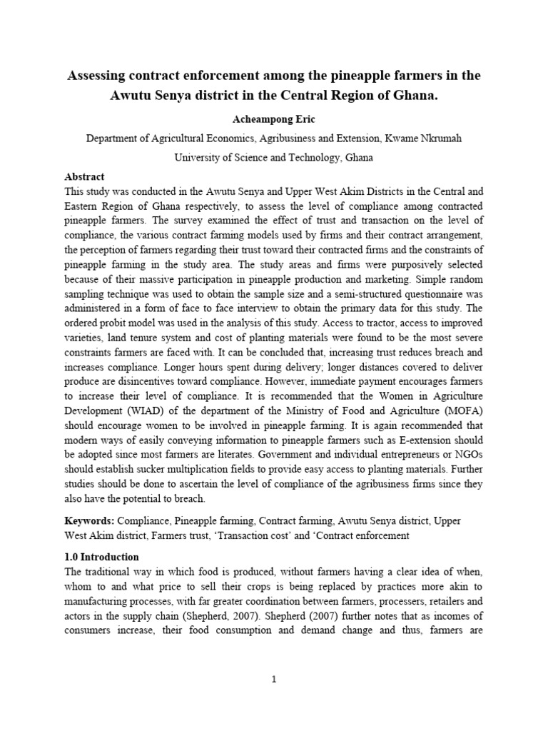 Assessing Contract Enforcement Among The Pineapple Farmers in The Awutu ...