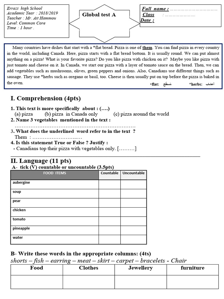 Global Exam A 1st Term Copie | Download Free PDF | Pizza | Food And Drink