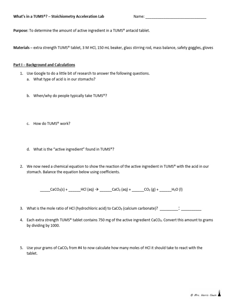 Whats in A Tums - Stoichiometry Acceleration Lab | PDF | Stoichiometry ...