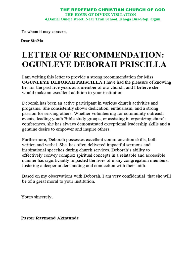 Church Recommendation Letter Template - Edit Online & Download Example ...