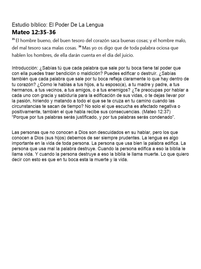 Estudio Bíblico, El Poder de La Lengua | PDF