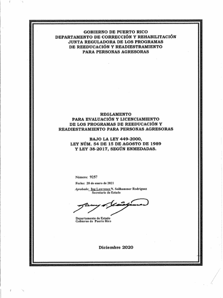 9257 Reglamento para Evaluación y Licenciamiento de Los Programas de RR de La Personas Agresoras ...