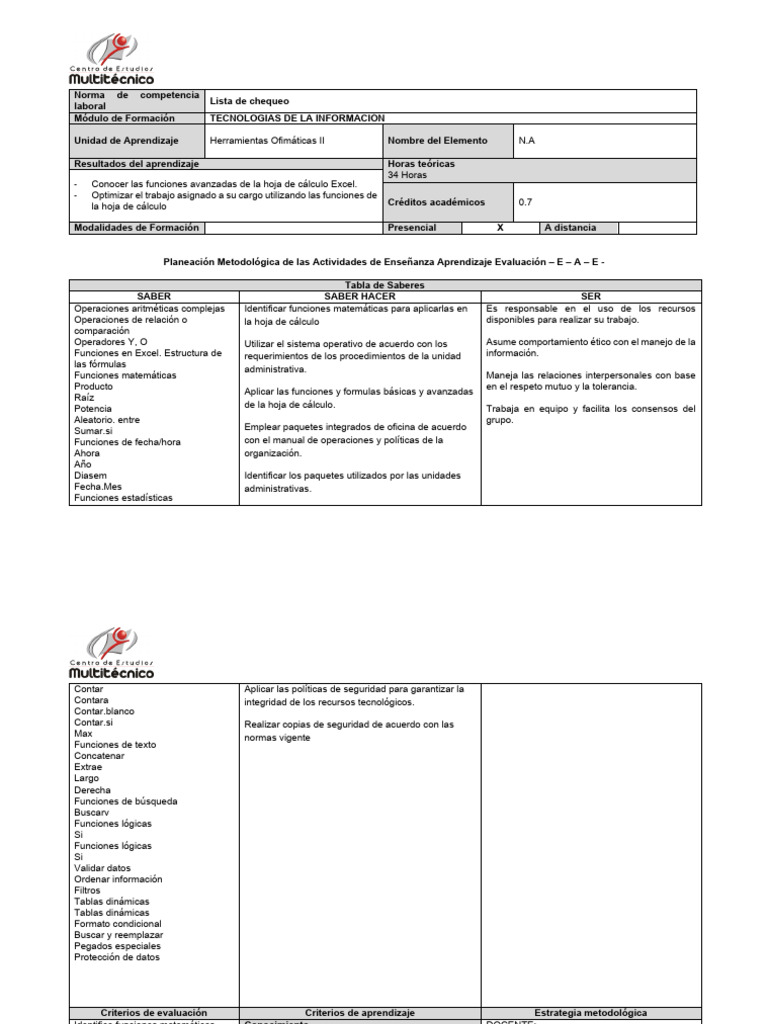 2 Lista de Chequeo HERRAMIENTAS OFIMÁTICAS II | PDF | Aprendizaje | Hoja de cálculo