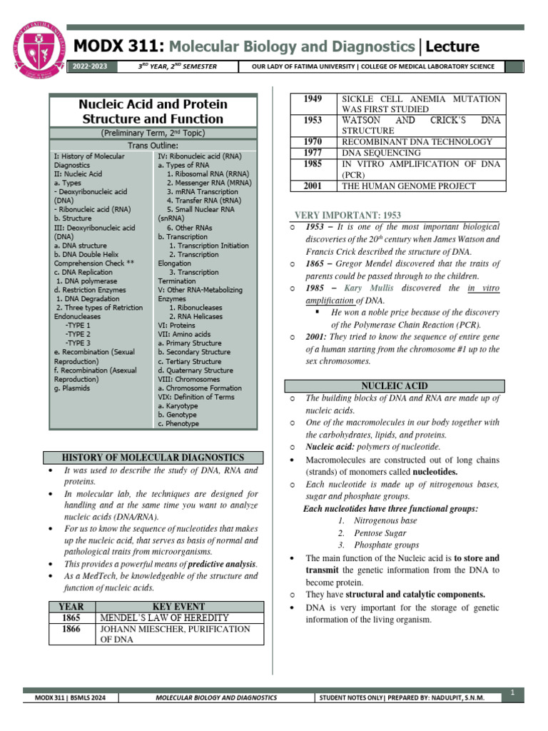 1 Modx Lec Prelims Topic 2 Nucleic Acid and Protein Structure and Function | PDF | Primer ...