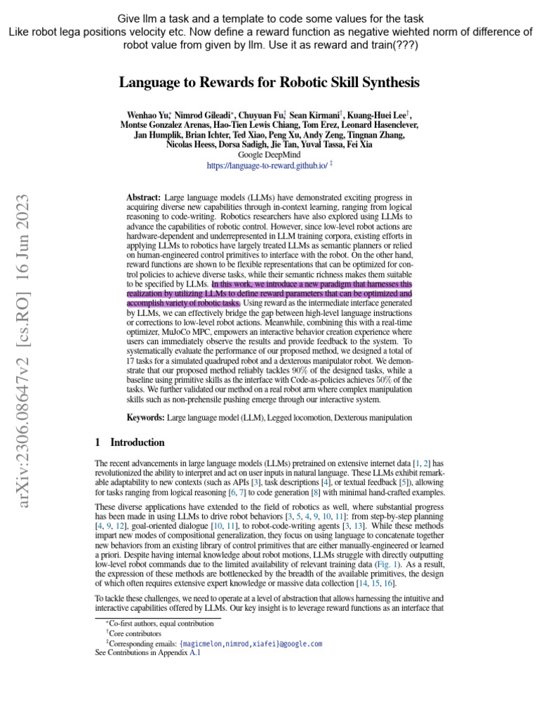 Lnaguage To Rewards | PDF | Robot | Robotics