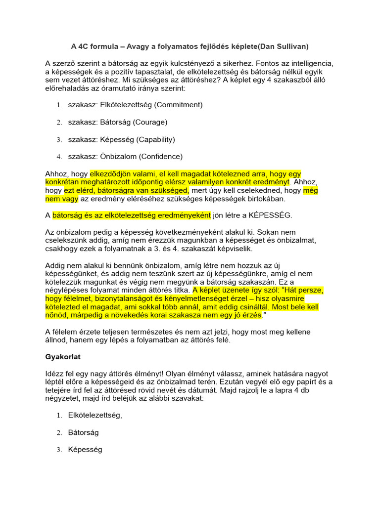 A 4C Formula - Avagy A Folyamatos Fejlődés Képlete (Dan Sullivan) | PDF