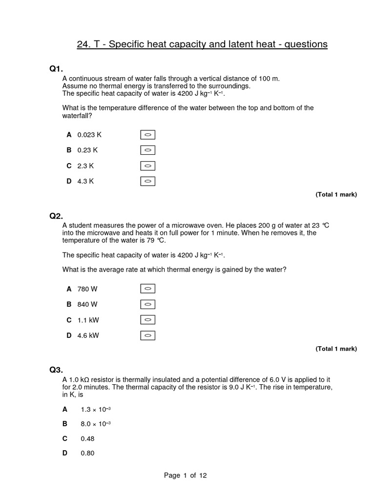 Physics Heat Capacity Quiz | PDF | Heat | Heat Capacity