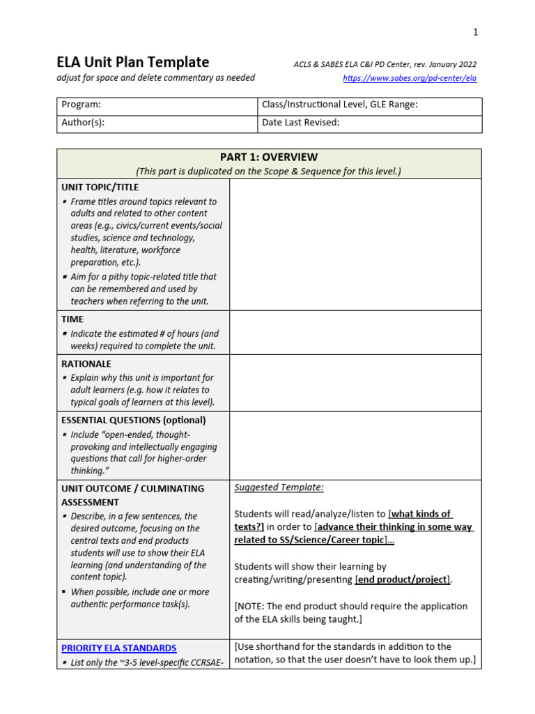 ELA Unit Plan Template: Part 1: Overview | Download Free PDF | Learning | Teachers
