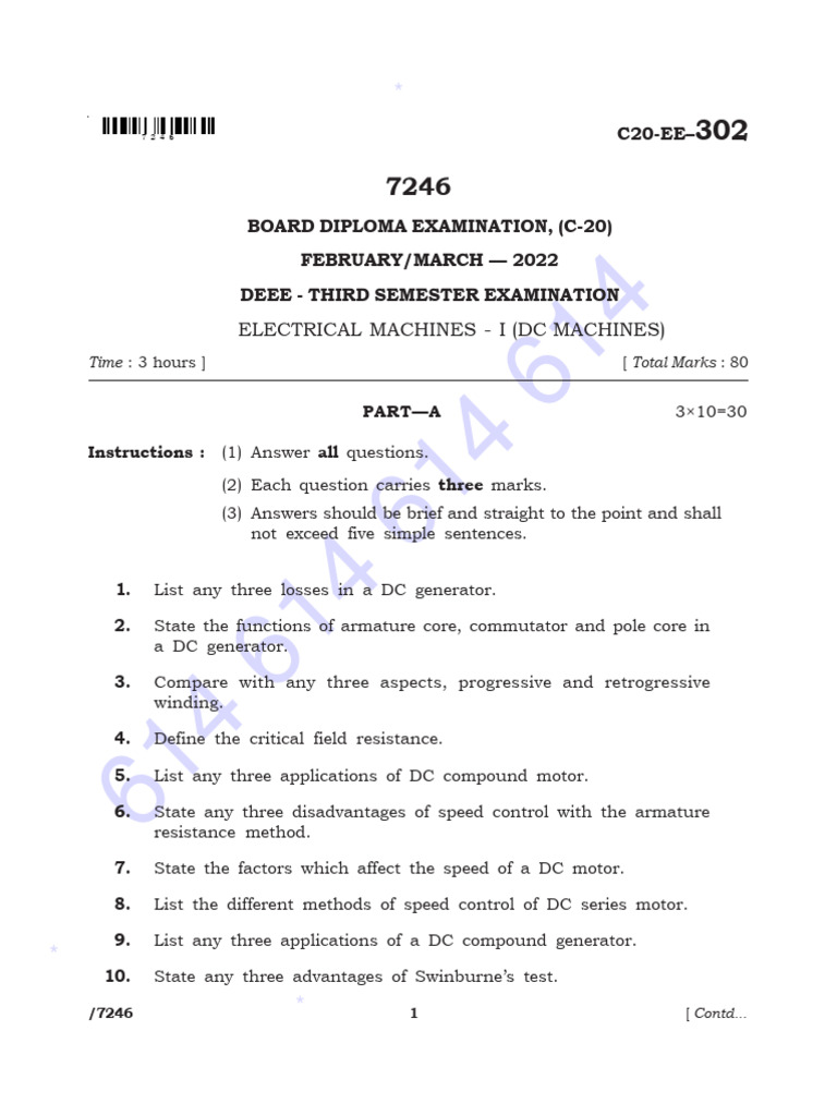 Electrical Machines - I (DC Machines) : Part-A Instructions: (1) Answer All Questions | PDF ...