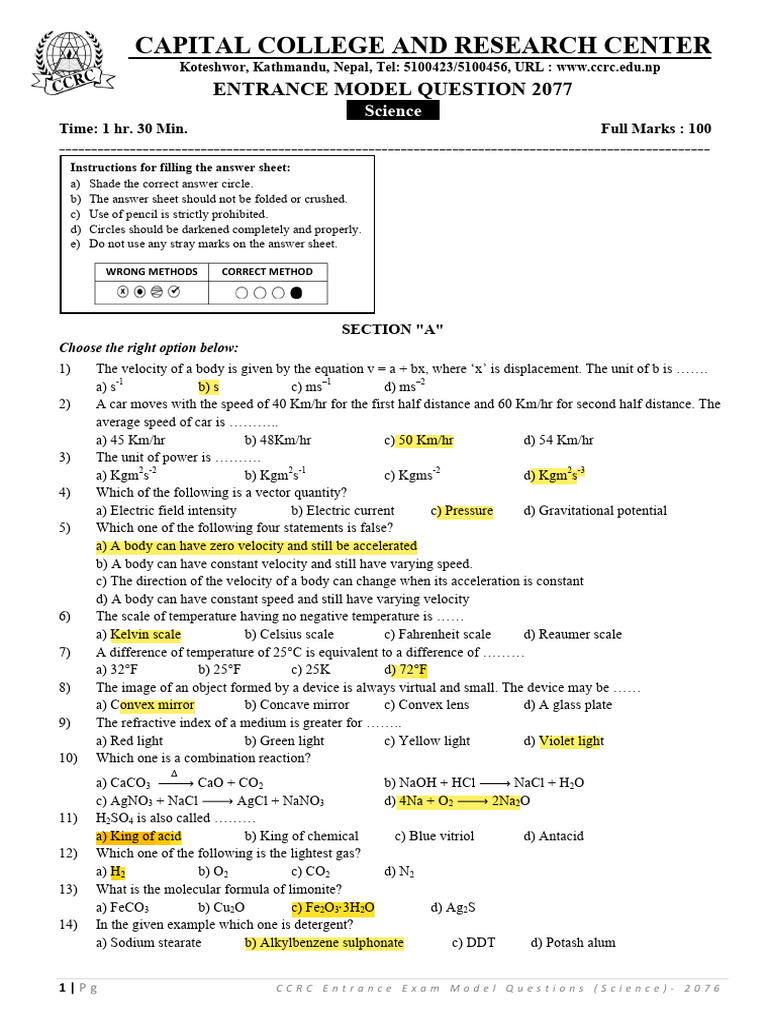 Model Question Science 2077 | PDF | Matrix (Mathematics) | Velocity