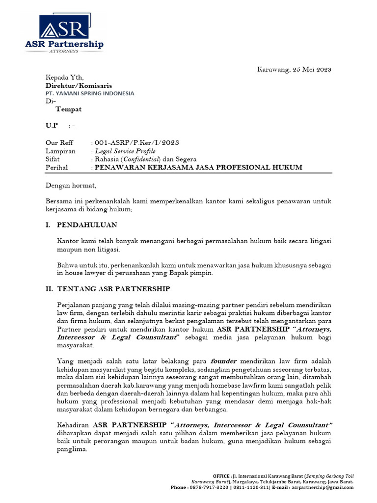 Penawaran Jasa Hukum Kepada PT. YAMANI SPRING INDONESIA | PDF
